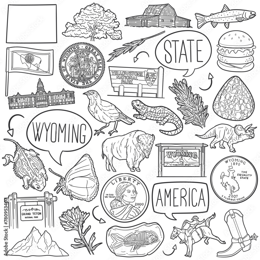 Wyoming Doodle Icons Black and White Line Art. USA State Clipart Hand ...
