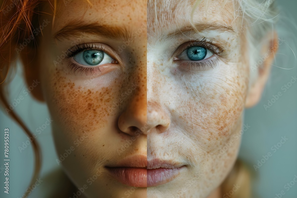 Comparing two halves of a womans face one young and one old. Concept ...