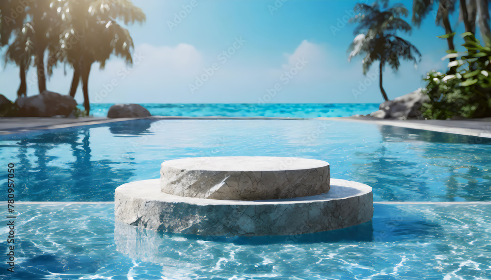 Stone podium stand in blue pool water. Summer background of tropical ...