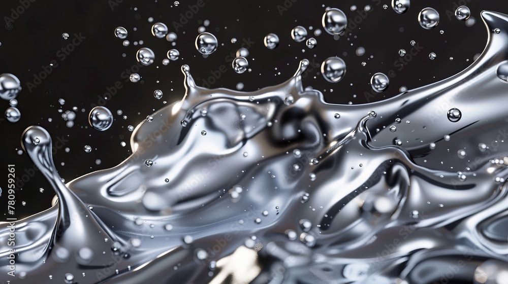 Realistic metal drops are depicted in 3D chrome paint splash, with ...