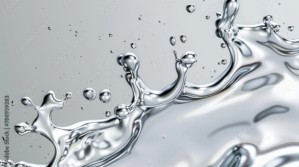 Realistic metal drops are depicted in 3D chrome paint splash, with ...