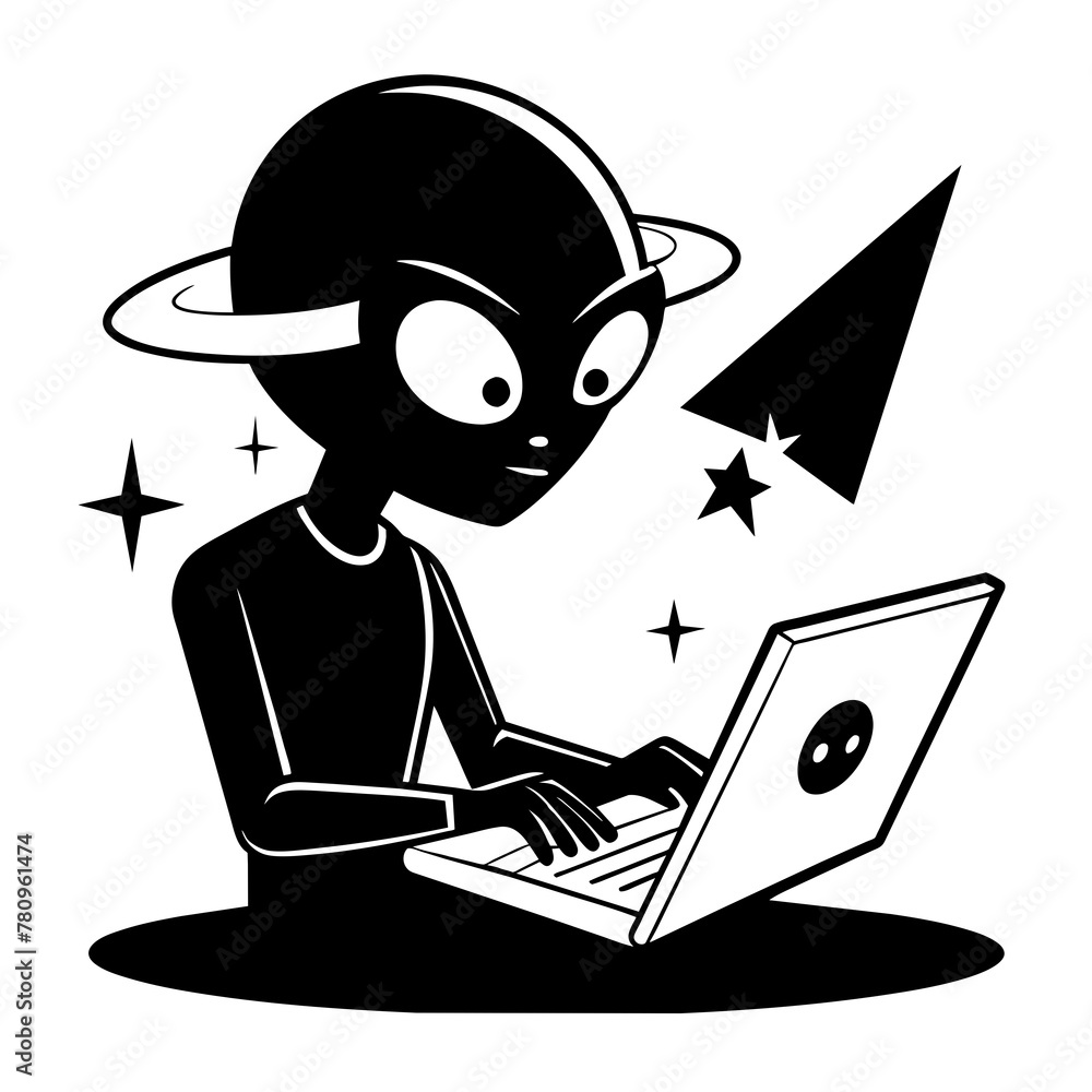 Vector, SVG Alien playing laptop silhouette, laser cut, white ...