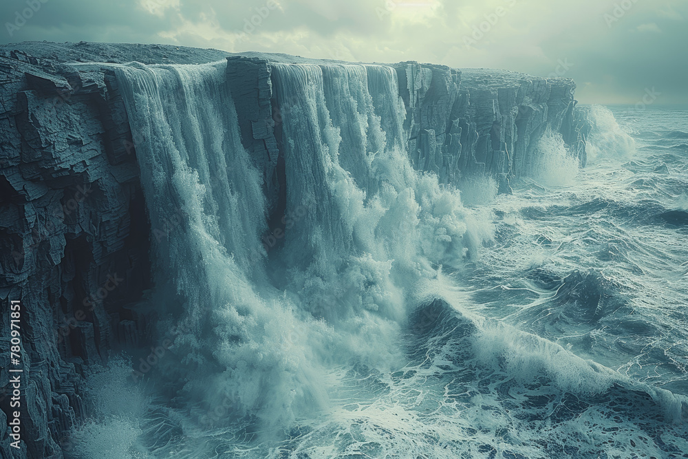 A tumultuous waterfall crashing down from towering cliffs into a pool ...