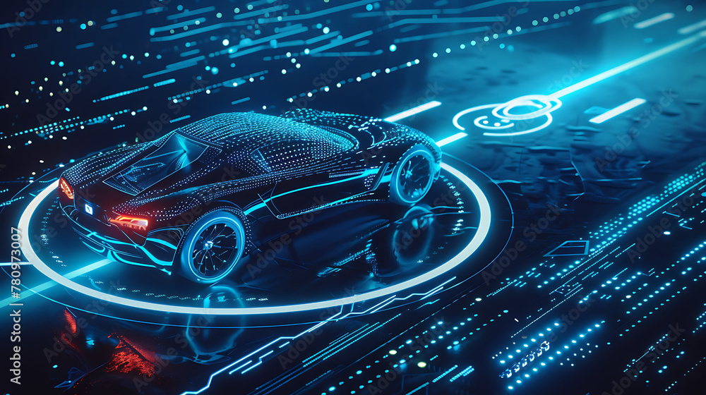 a futuristic scene where a sleek, modern electric car is being charged ...