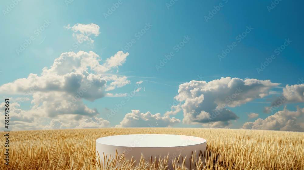 a surreal landscape where a stark white circular platform floats ...