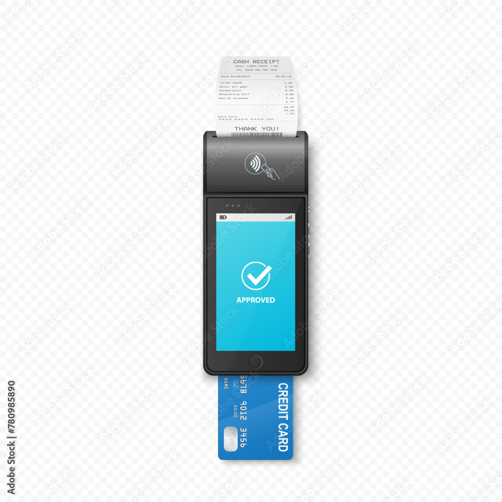 Vector 3D Realistic NFC Payment Terminal with Payment Receipt, Credit ...