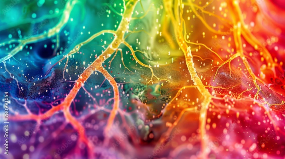 A colorful image showing the microscopic view of a healthy root system ...