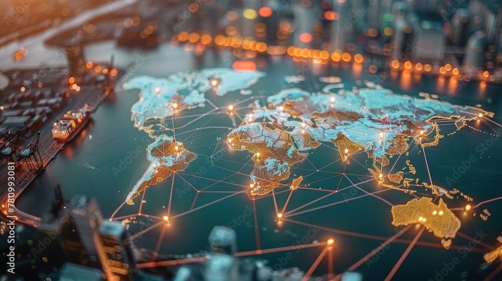 Telecommunication and business synergy across a world map, with ports ...