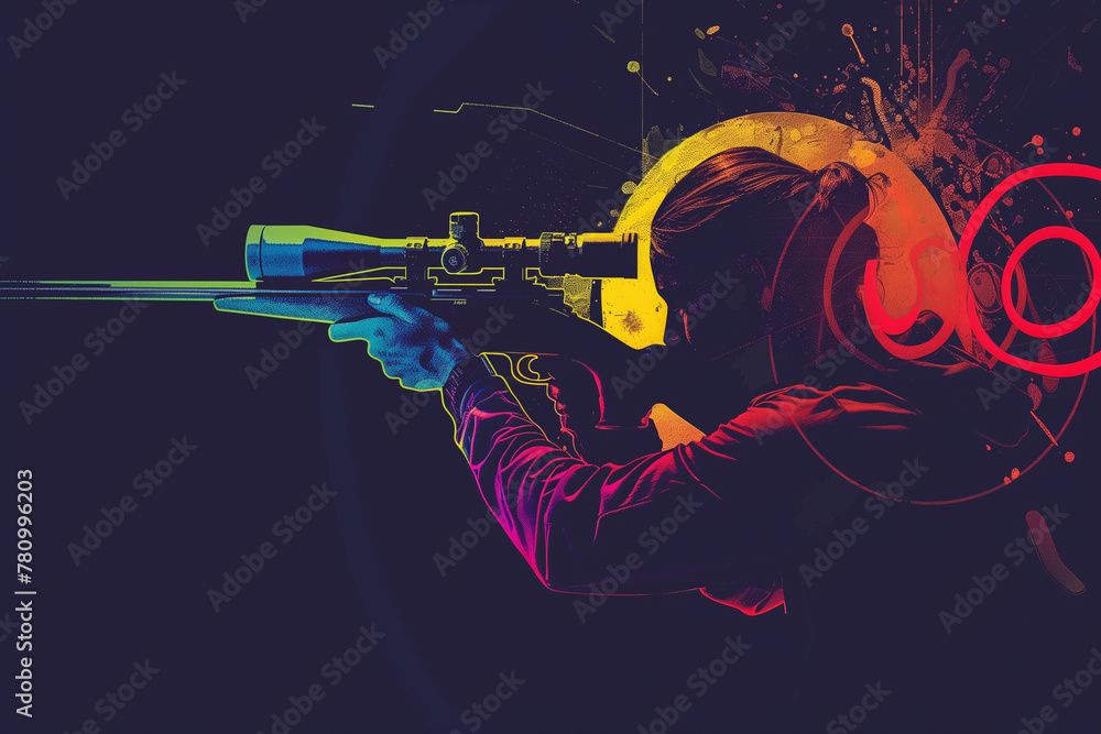 Athlete shooting a gun at targets on modern art colorful background ...