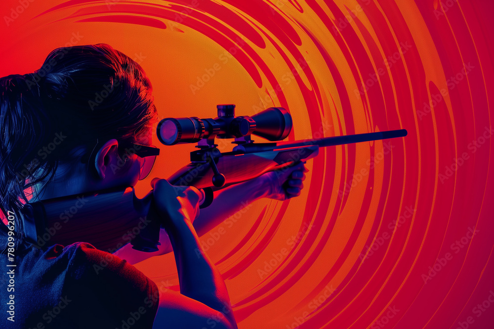 Athlete shooting a gun at targets on modern art colorful background ...