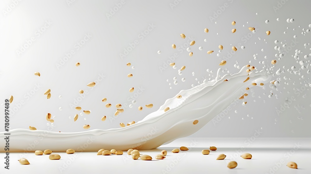 wave of milk flying in the air with pine nut kernels on a solid white ...