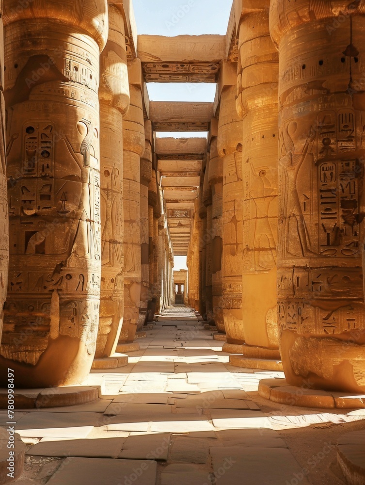 Columned hallway of an Egyptian temple - A captivating view down the ...