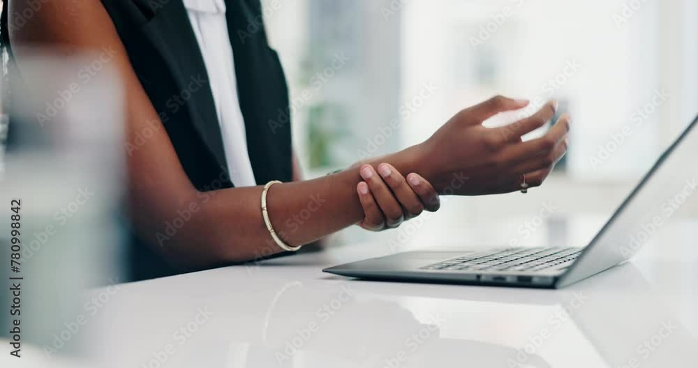 Laptop, wrist pain and business woman in office with injury, accident ...