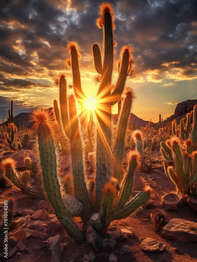 Stunning Sunstar Through Desert Cactus - The sun emanates a striking ...