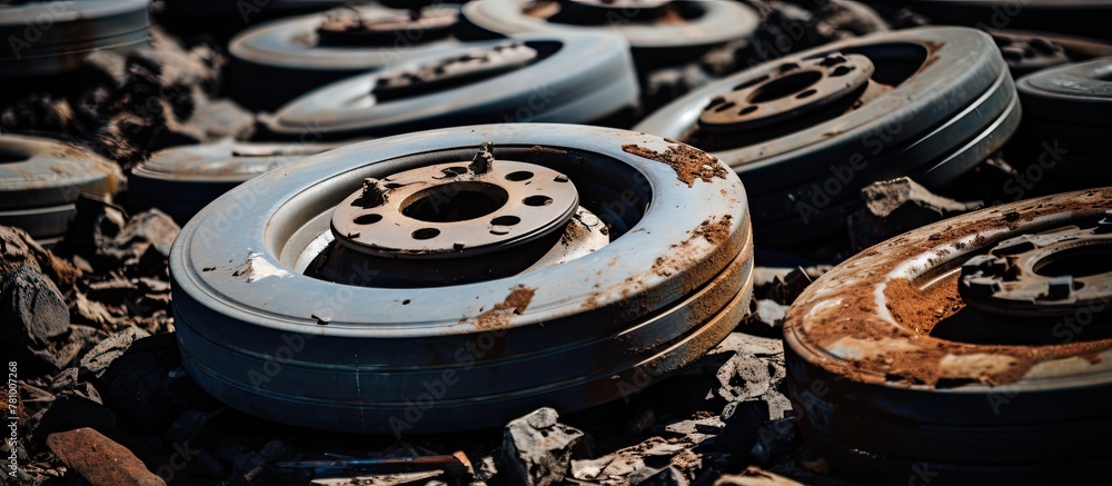An assortment of worn-out tires lying in a heap on the ground in an ...