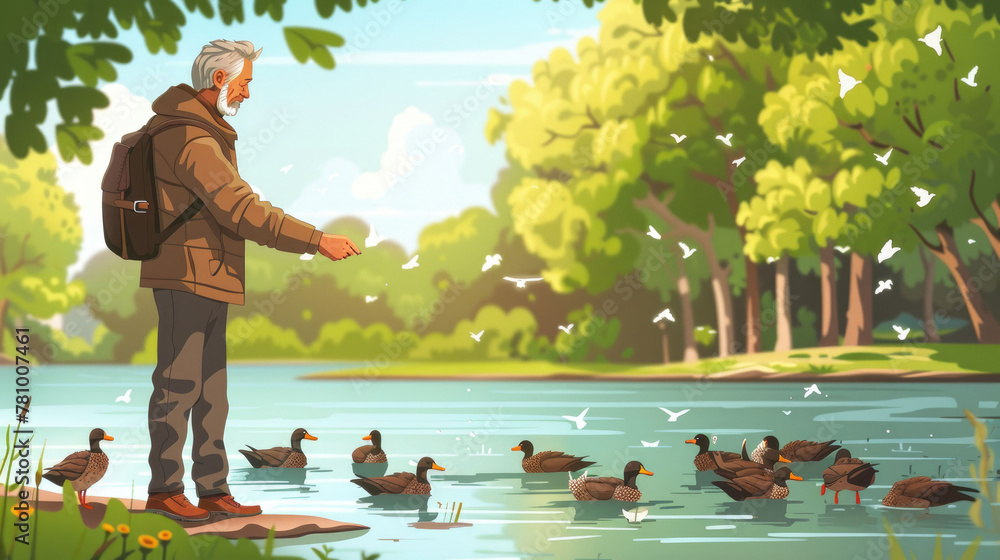 Elderly man feeding ducks, peaceful park moment, cute 2D cartoon style ...