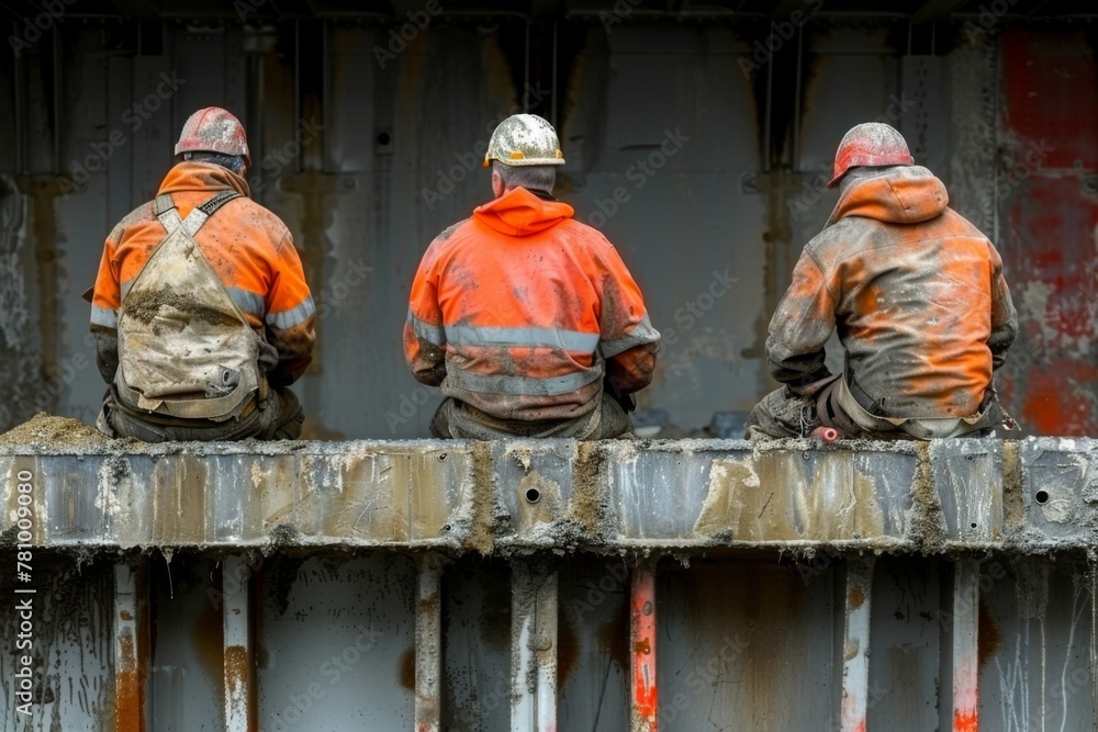 Three construction workers, viewed from the back, are seated on a ...