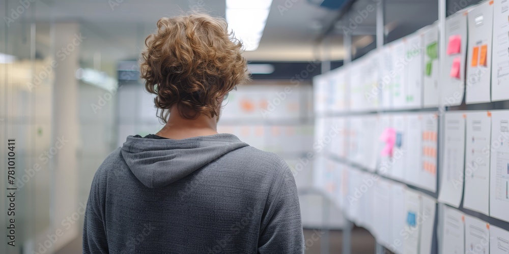 A man is walking down a hallway with a wall of sticky notes. The sticky ...