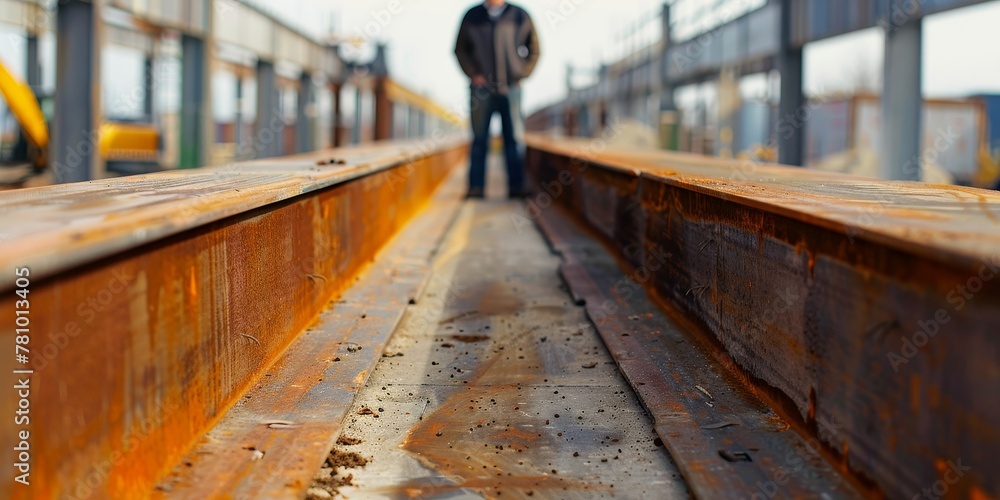 A man stands in front of a rusty metal beam. The beam is old and worn ...