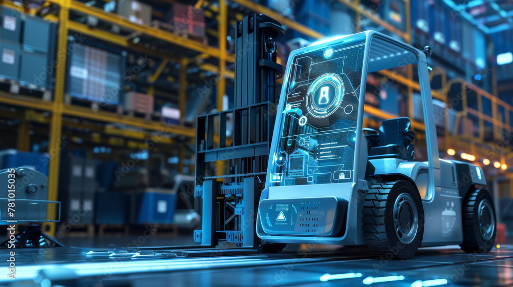 Artistic rendition of a futuristic forklift with holographic controls ...