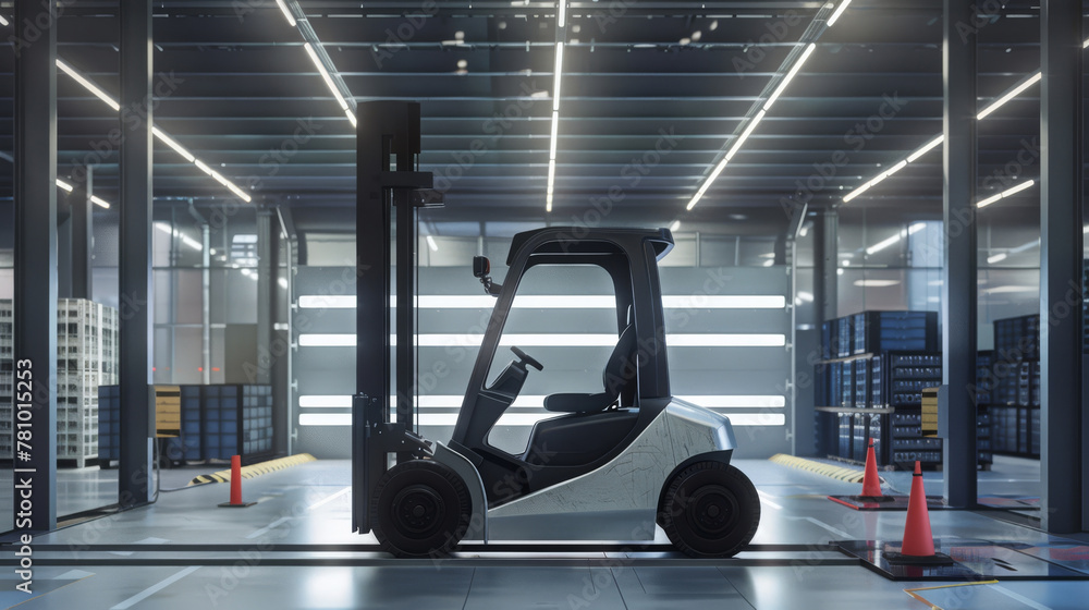 Concept art of a futuristic forklift prototype being tested in a high ...