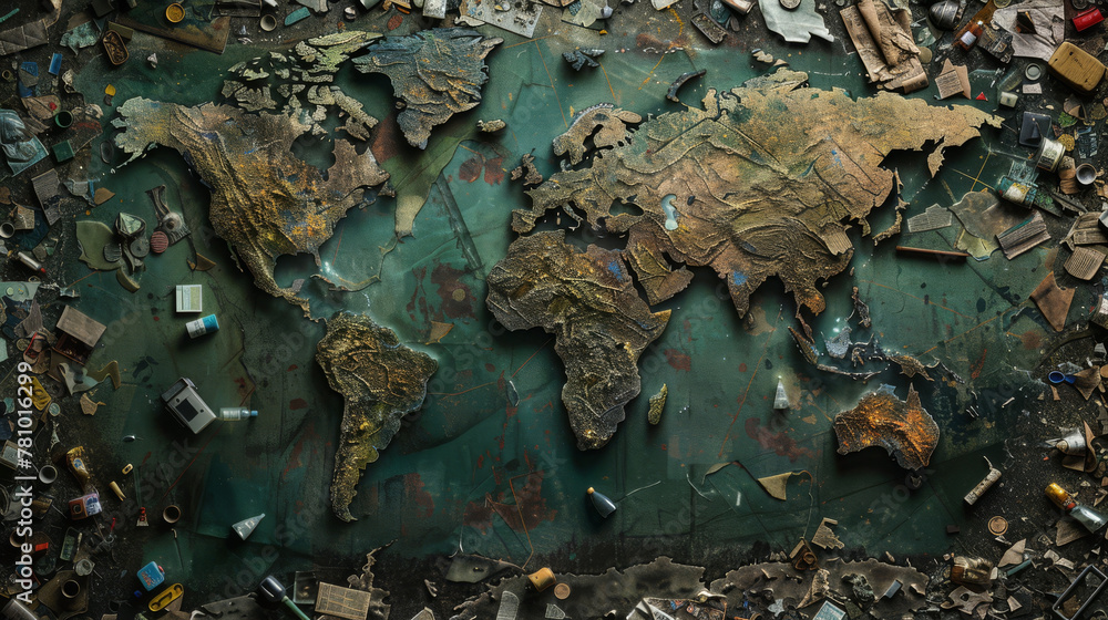 Conceptual image of a world map, its natural wonders shadowed by the ...