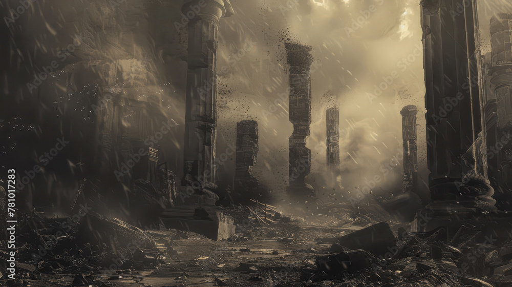 Dramatic portrayal of acid rain falling on a darkened world, with ...