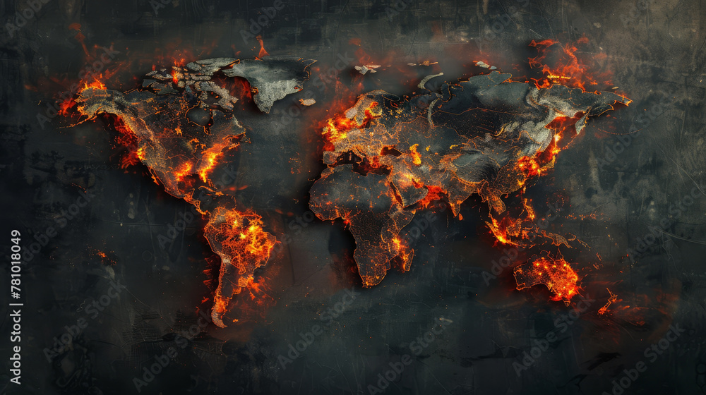 High-tech image of a scorched world map, with areas of conflict and ...