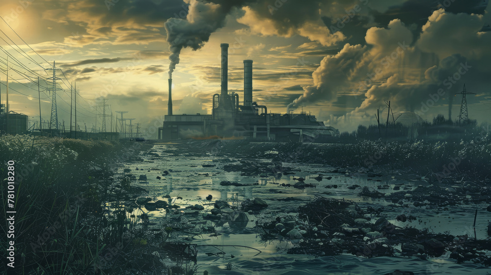 High-resolution depiction of a once vibrant river now dark and polluted ...