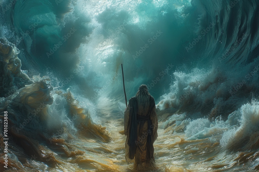 Portrait of the biblical back view of Moses dividing the sea with his ...