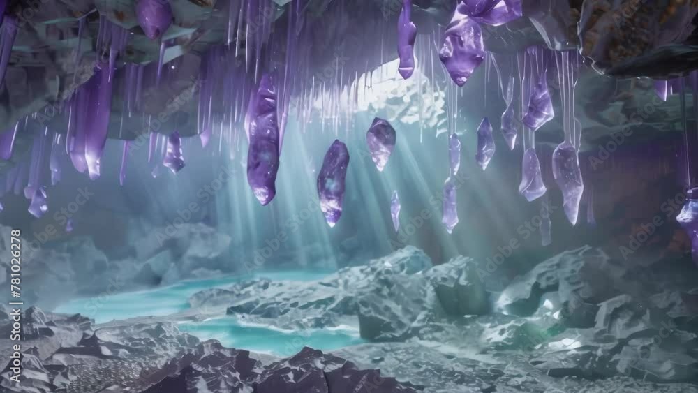 Vidéo Stock The interior of a cave glows in vibrant shades of purple ...