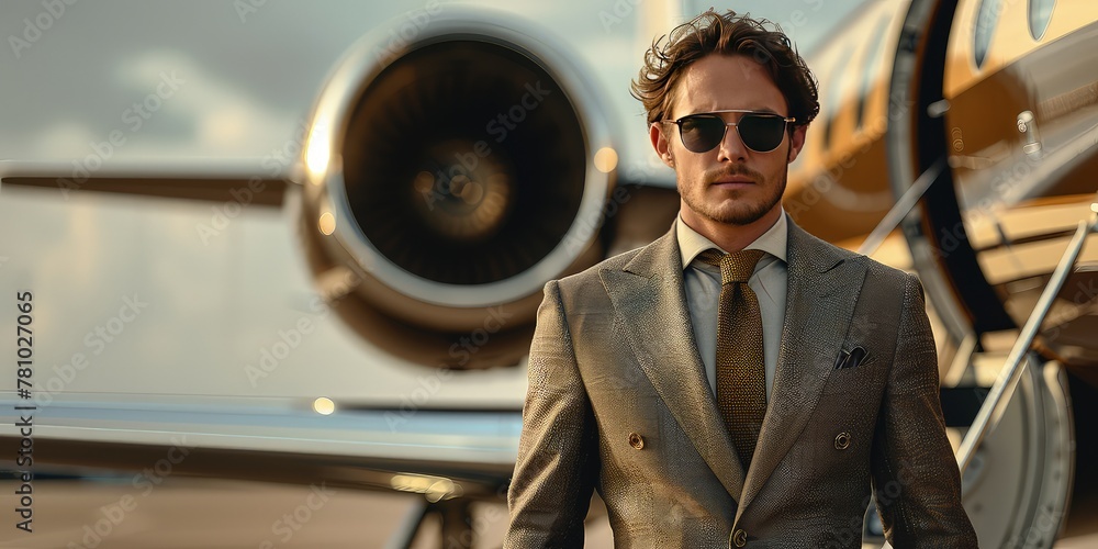 Stylish businessman exiting a private jet. As he descends from the ...