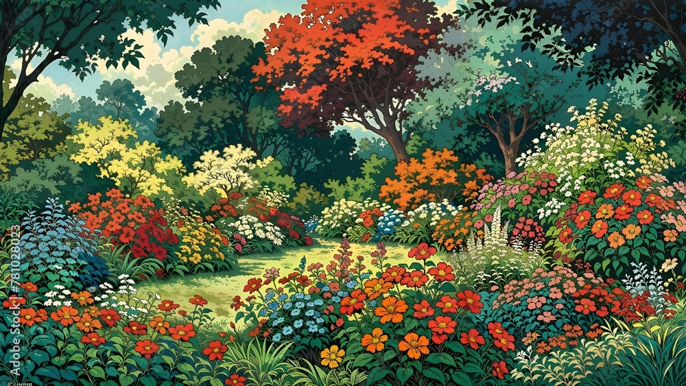 A nostalgically vibrant vintage garden scene, rich textures , and ...