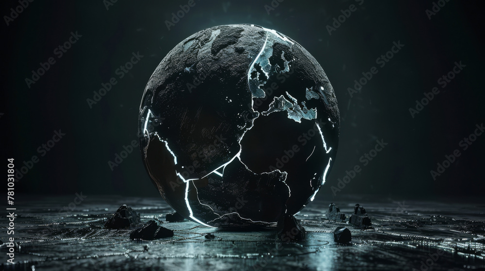 Visualization of a darkened globe with neon cracks representing the ...