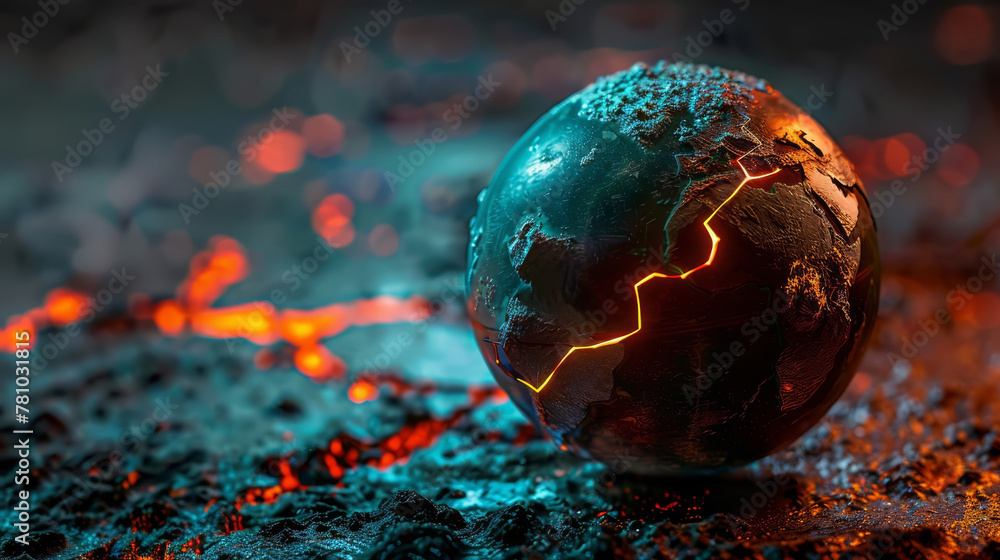 Visualization of a darkened globe with neon cracks representing the ...