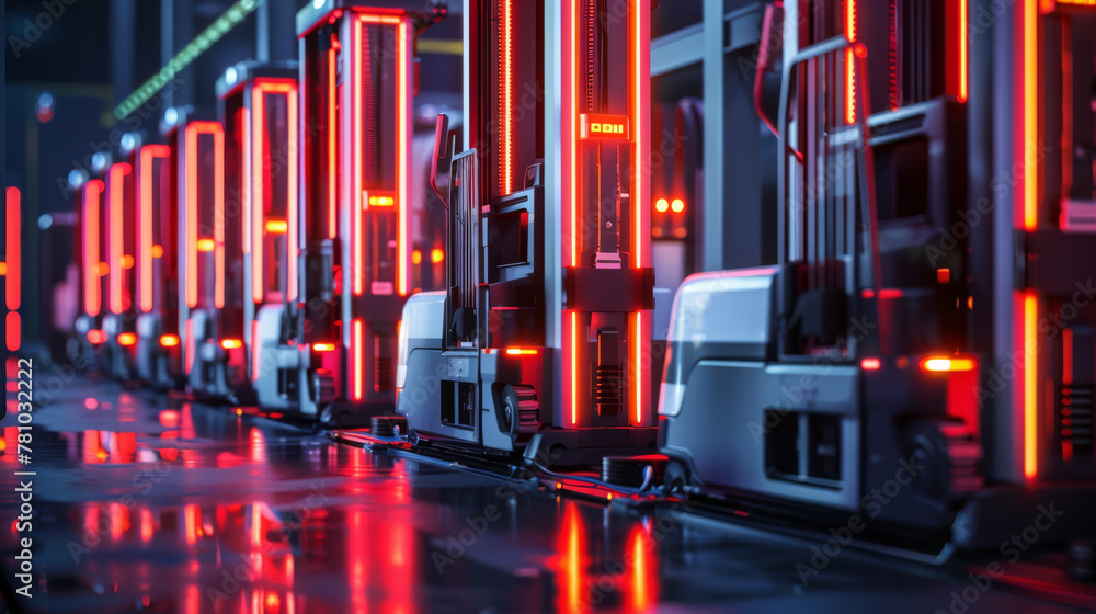 Visualization of energy-efficient, electric AI forklifts charging at ...