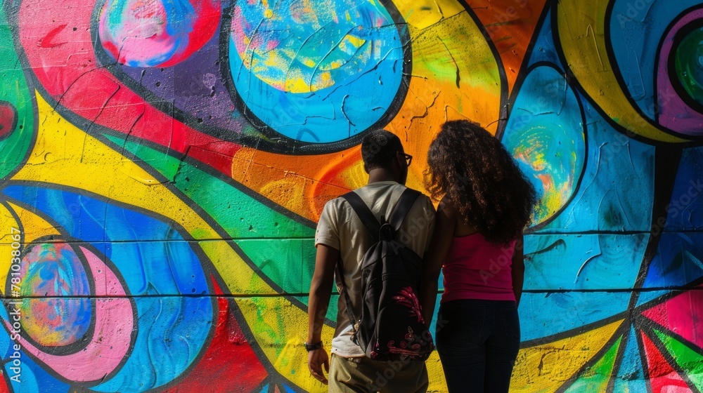 Two figures one tall and one short stand together heads tilted slightly ...