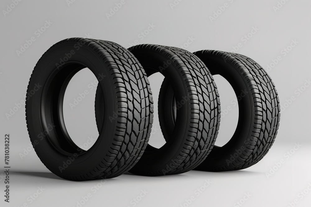 Three new car tires are isolated on a grey background, showing the ...