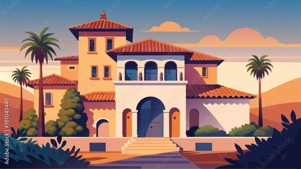 A Spanish colonialstyle home showcases its distinct features such as ...