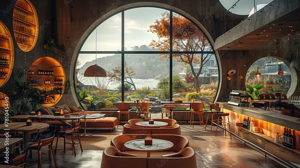Indoor coffee shop with bar and fireplace with view to glass circular ...