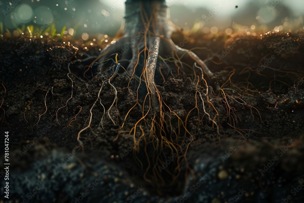 Image of plant roots extending deep into the soil. Holds the plant in ...