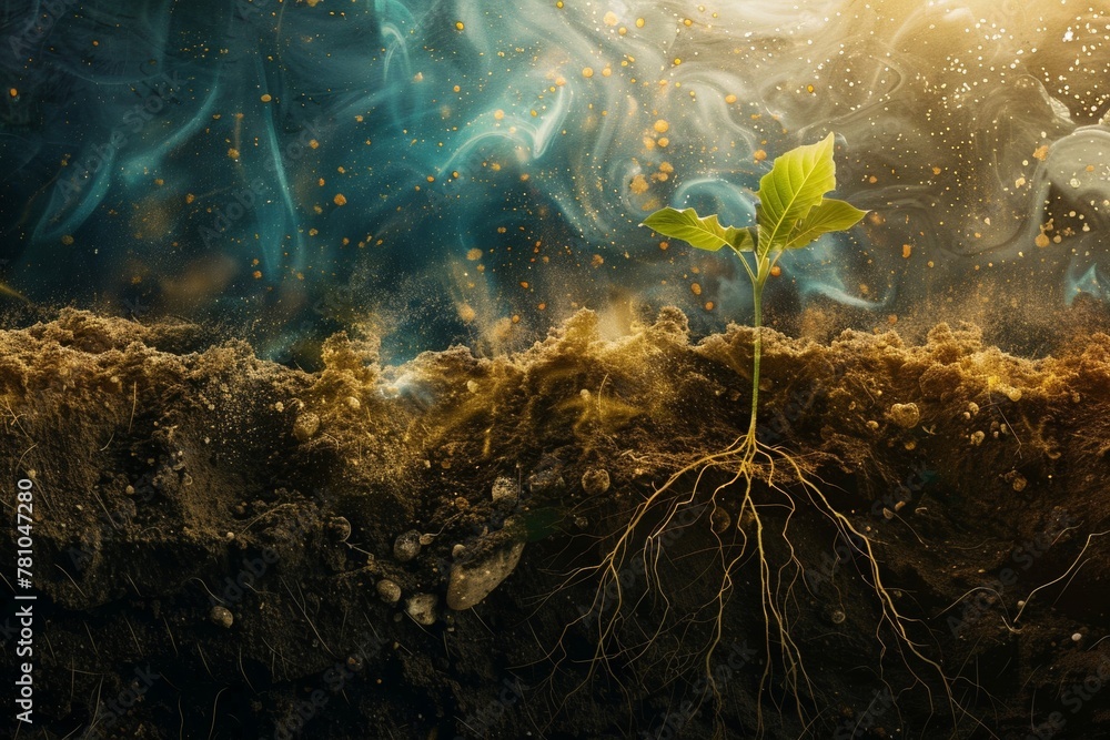 Image of plant roots extending deep into the soil. Holds the plant in ...