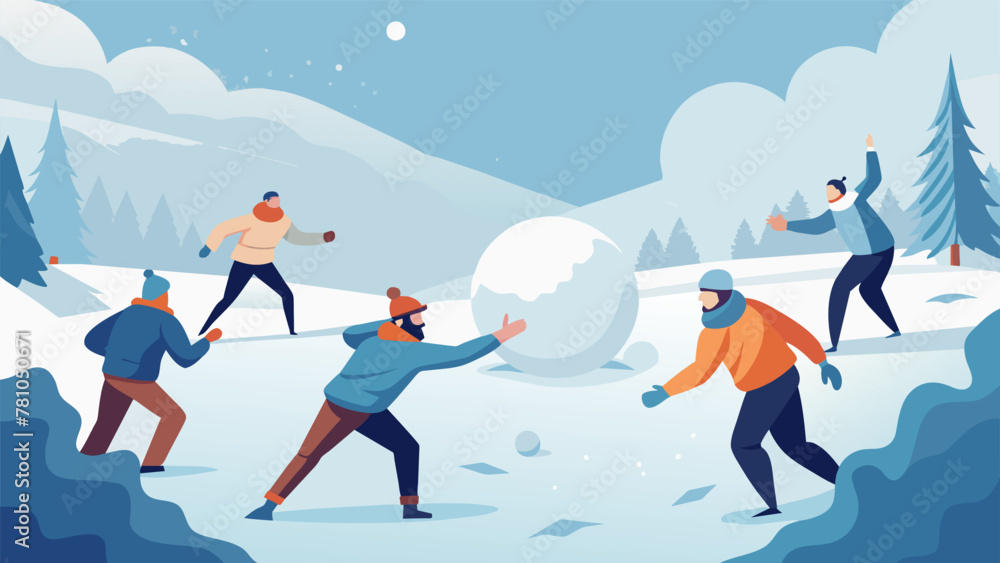 A fierce snowball fight erupts between a group of bundledup friends ...