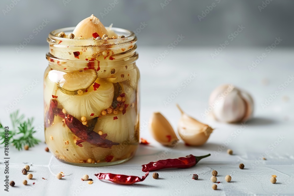 Pickled garlic cloves developed at home and mounted in a glass jar over ...