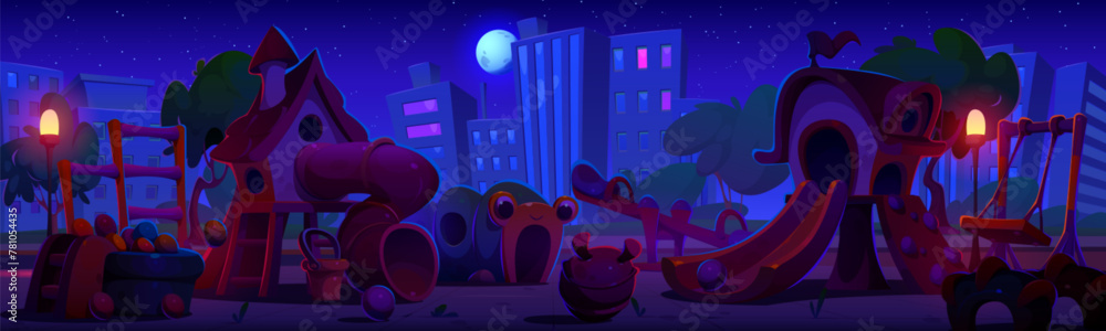 Playground in night city park. Vector cartoon illustration of dark town ...