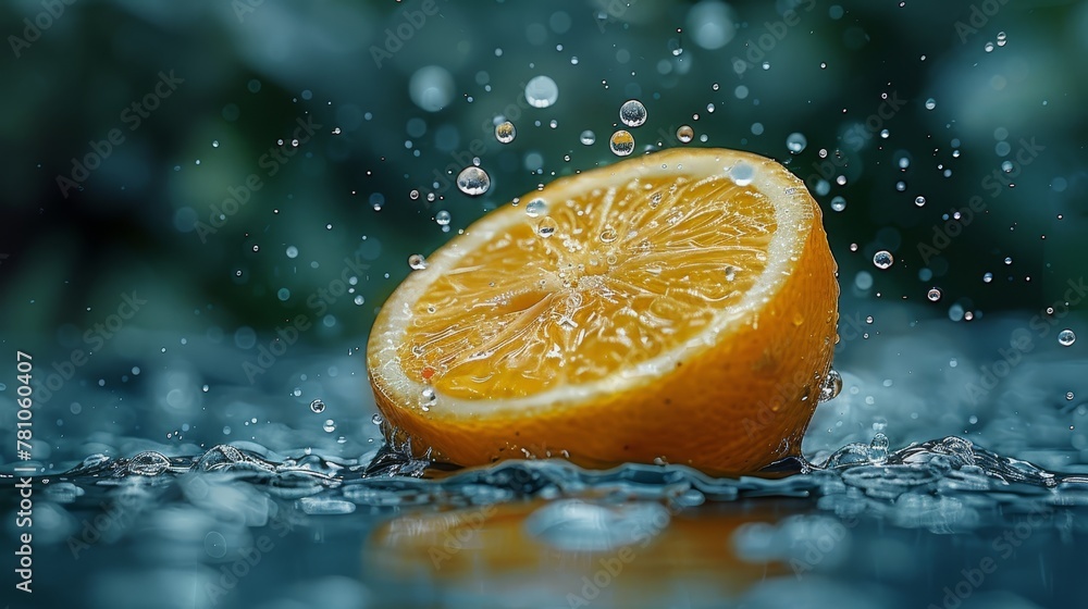A high-resolution photo of a cut-open orange submerged in water with ...