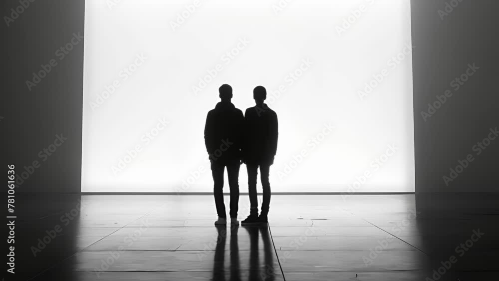 Two figures stand side by side facing away from the camera their body ...