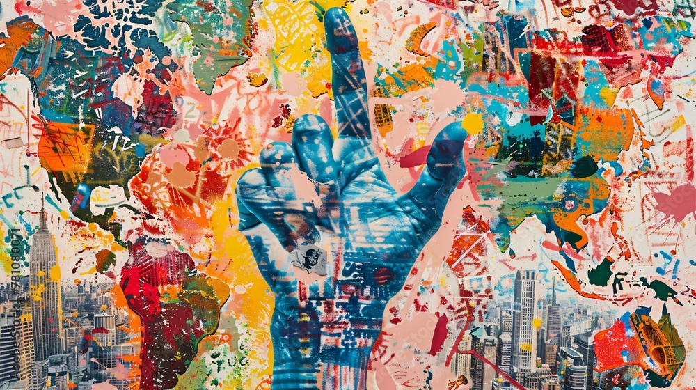 Collage of chaotic colorful splashes and urban elements centered around ...