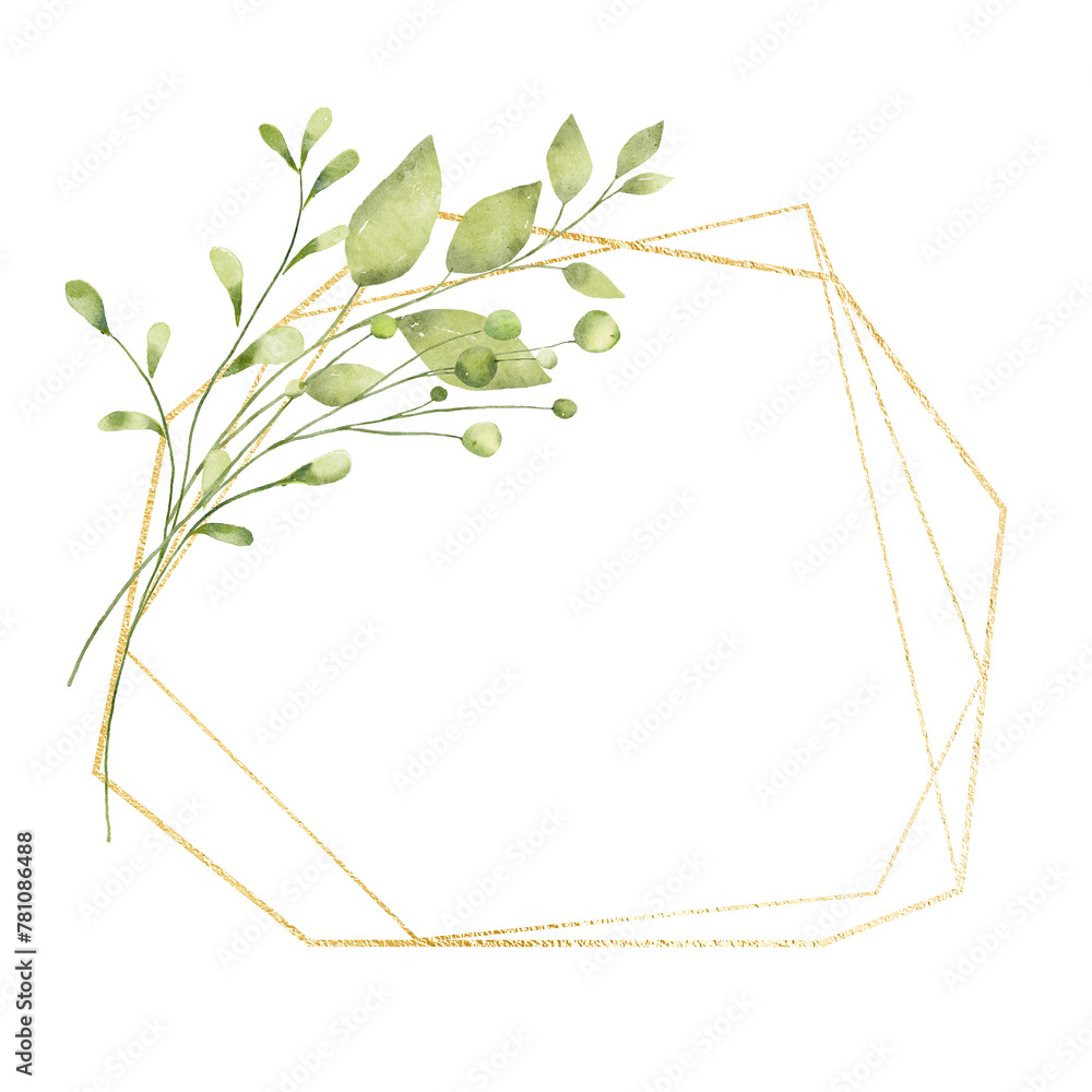 Gold frame, border with watercolor leaves. Hand painting floral ...