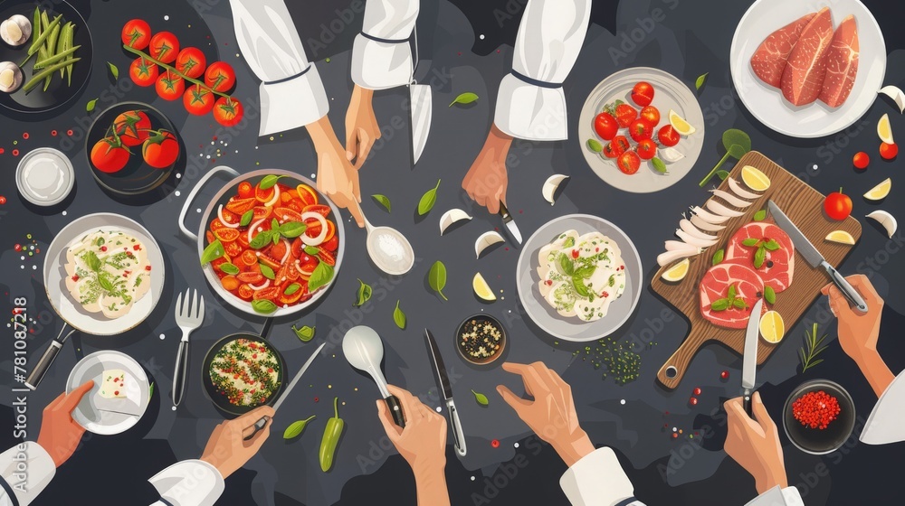 Visualize a culinary school banner, with an inviting top-down view of ...